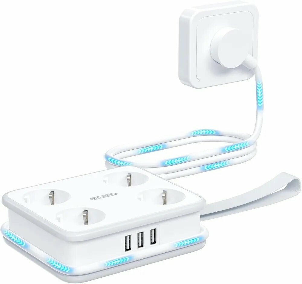 Сетевой фильтр NTONPOWER APP с 4 розетками + 3 USB (2.4A), 1.6 м , с Множественные меры безопасности с заземлением , Интеллектуальная идентификация быстрая зарядка, для путешествий домашних офисов