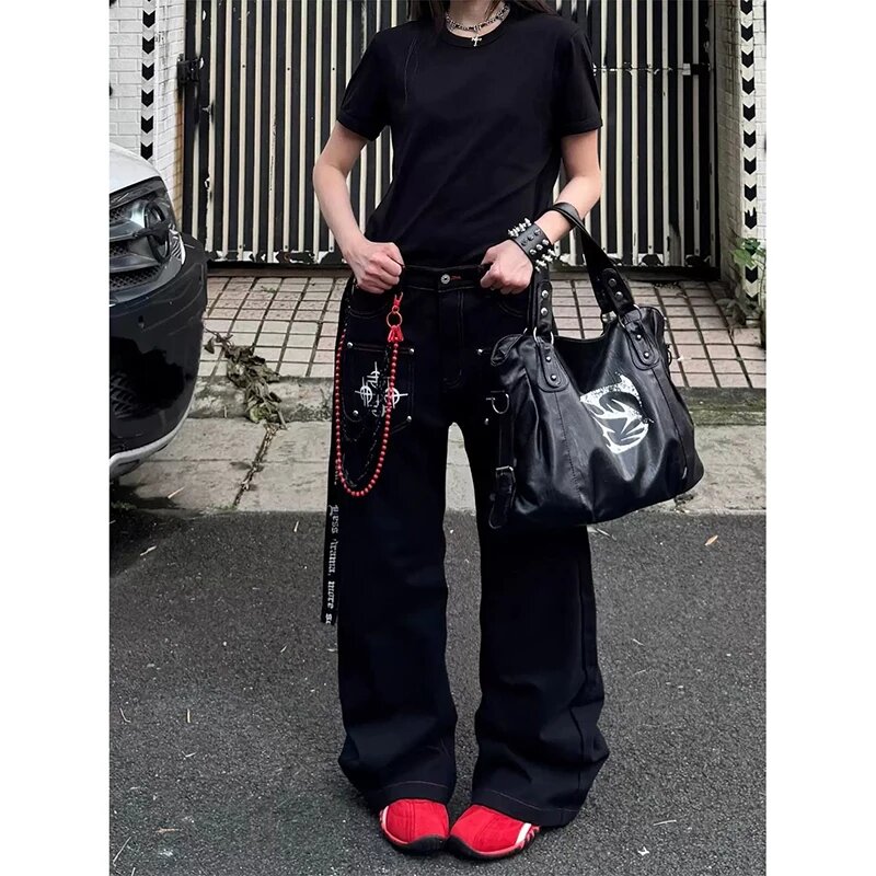 MON Женские джинсы Чистый цвет Готический Харадзуку свободный высокий пояс с пайкой 2000-х, Размер_M
