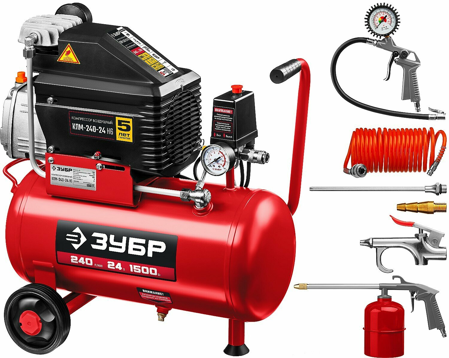 ЗУБР 240 л/мин, 24 л, 1500 Вт, 6 предметов, масляный компрессор (КПМ-240-24 Н6) КПМ-240-24 Н6