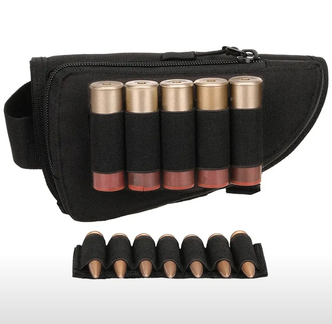 Универсальный патронташ с подсумком на приклад 5/7 патронов 12-20 калибр цвет черный