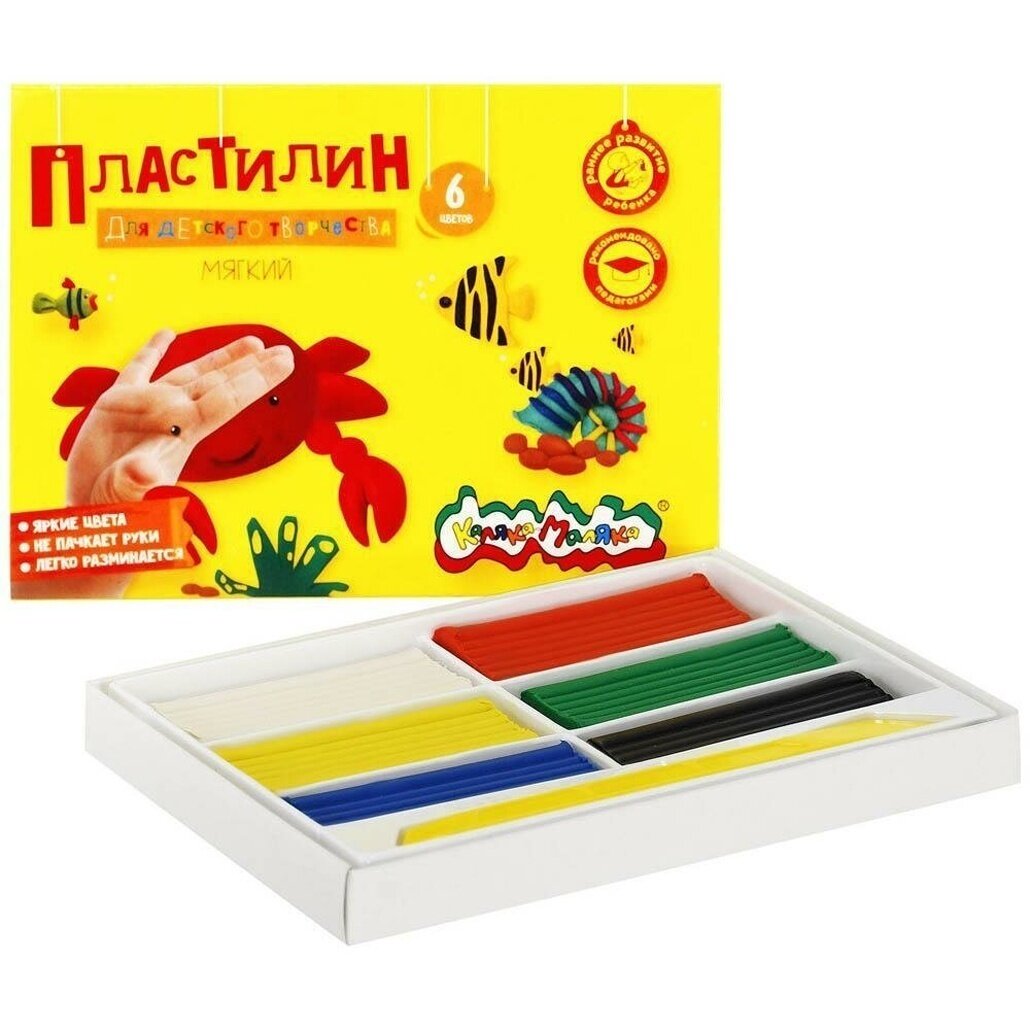 Пластилин 'Каляка-Маляка' 6 цветов, 90 гр, мягкий, со стеком, цветной принт
