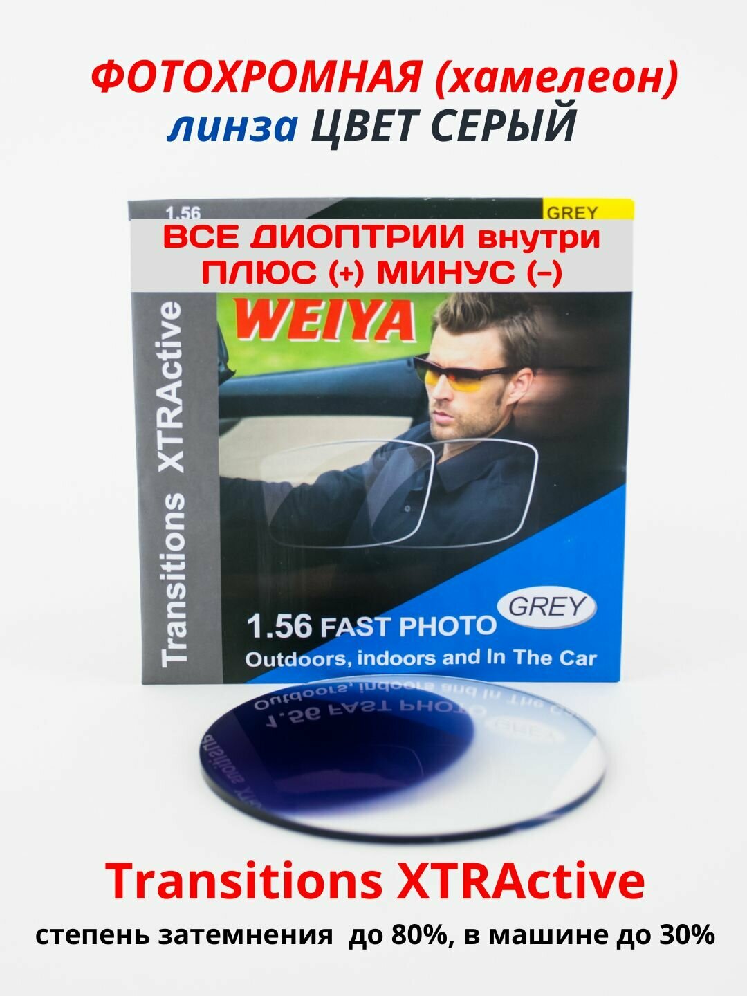 Линза для очков, сфера -1.50 Transitions XTRActive Фотохромная , цвет серый , степень затемнения 80% индекс 1.56