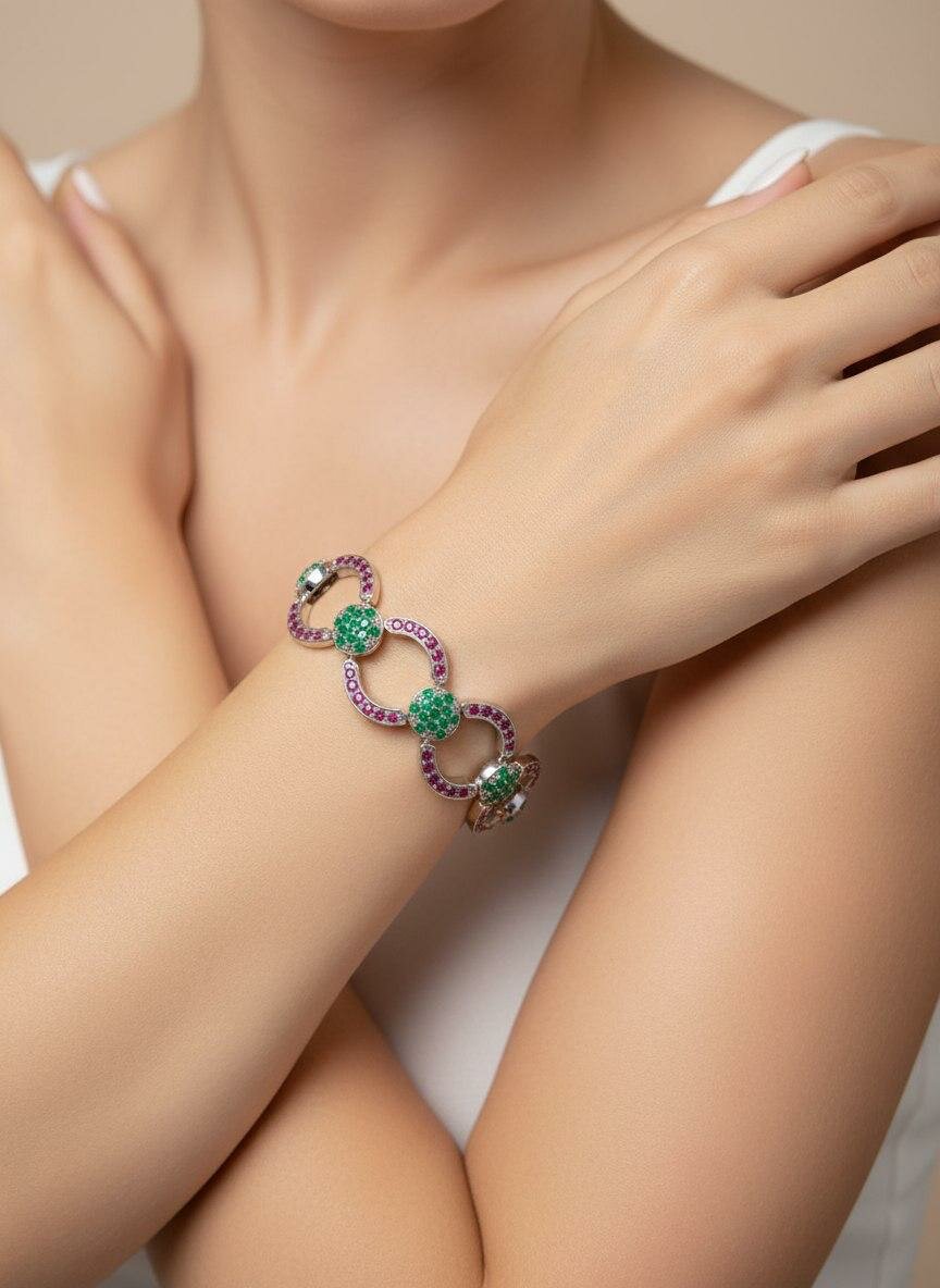 Браслет, серебро, 925 проба, родирование, рубин, изумруд