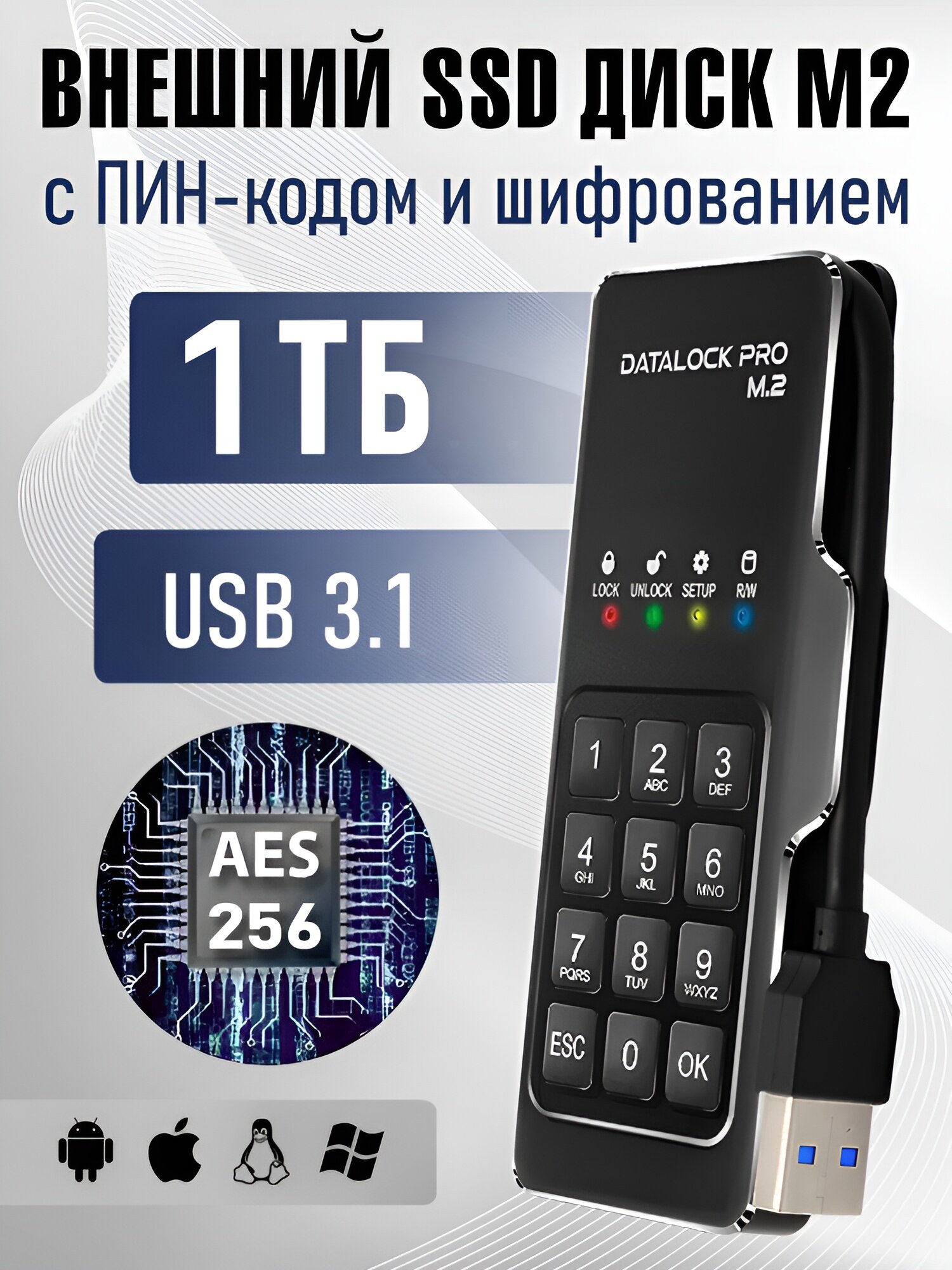 Внешний мини-диск ПИН-кодом и шифрованием DataLock PRO М2 1 Tb