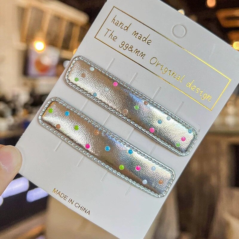 Серебряные кожаные заколки в горошек rectangle A-1pc