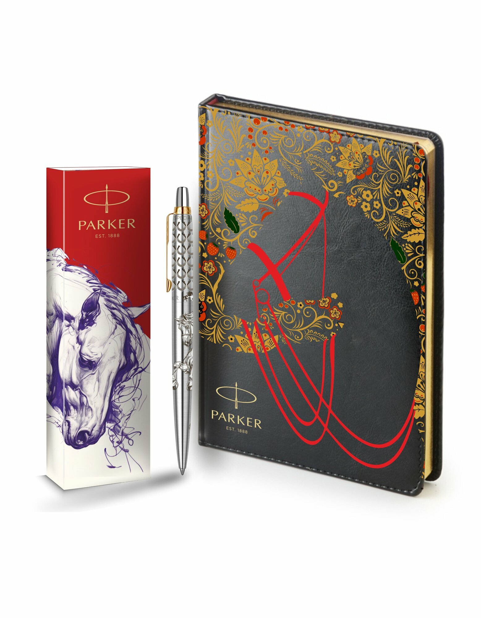 Подарочный набор: Шариковая ручка Parker Jotter Horse Special Edition в подарочной коробке и ежедневник недатированный черный с золотым срезом 1953182_LE26