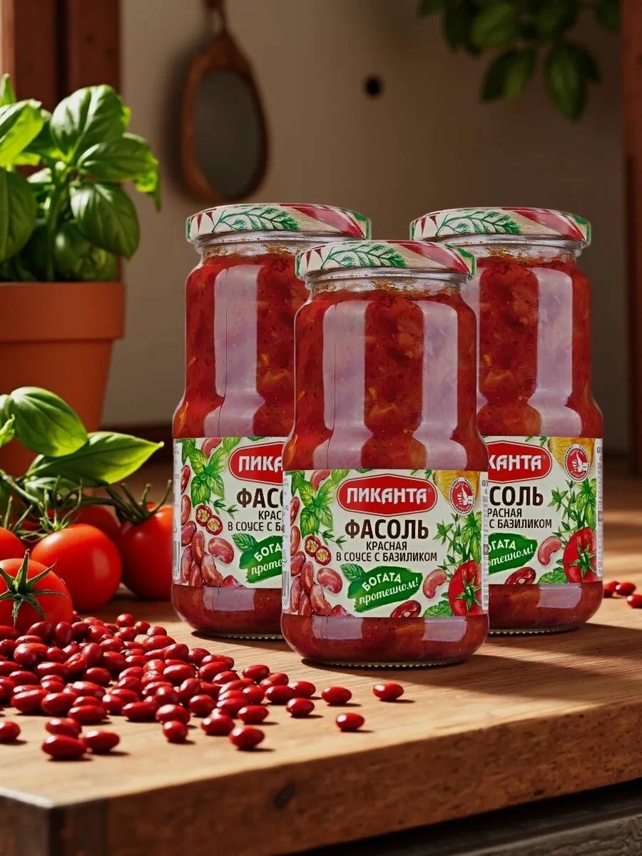 Пиканта фасоль красная в соусе с базиликом 480г.-3 банки