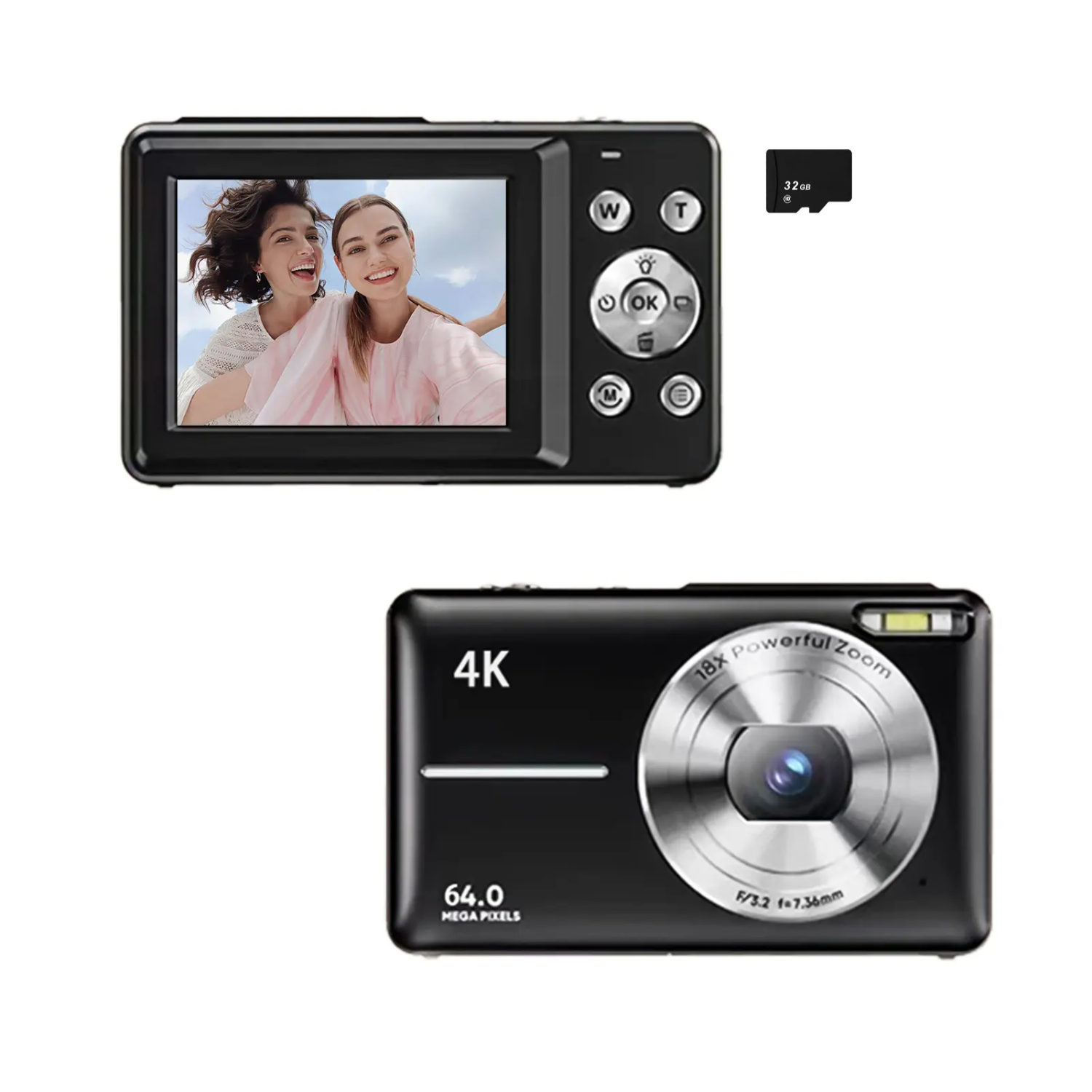 Цифровая камера 4K/30FPS 64MP с экраном 2.4 дюйма, 18-кратным цифровым зумом и встроенной батареей, подарок для подростков, студентов и друзей на день рождения и Рождество