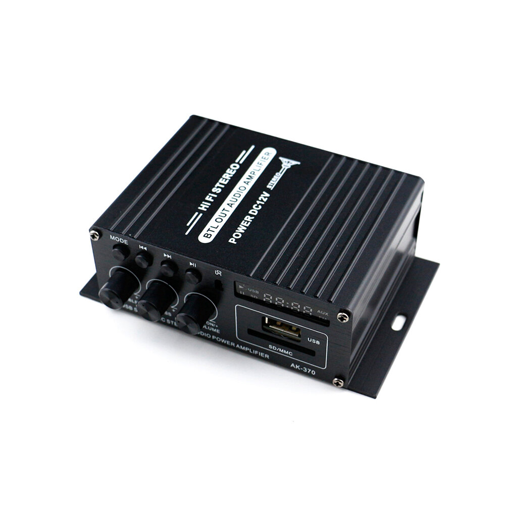 AK370 12V Мини-Аудиоусилитель BT Цифровой Приемник AMP Слот для USB Карты Памяти MP3 Плеер Радио ЖК-дисплей с ДУ Двухканальный 20W+20W Управление Баасом Трелем Громкостью для Автомобиля Дома Черный Размер 13.3*11.3*5см Вес 250г 1шт