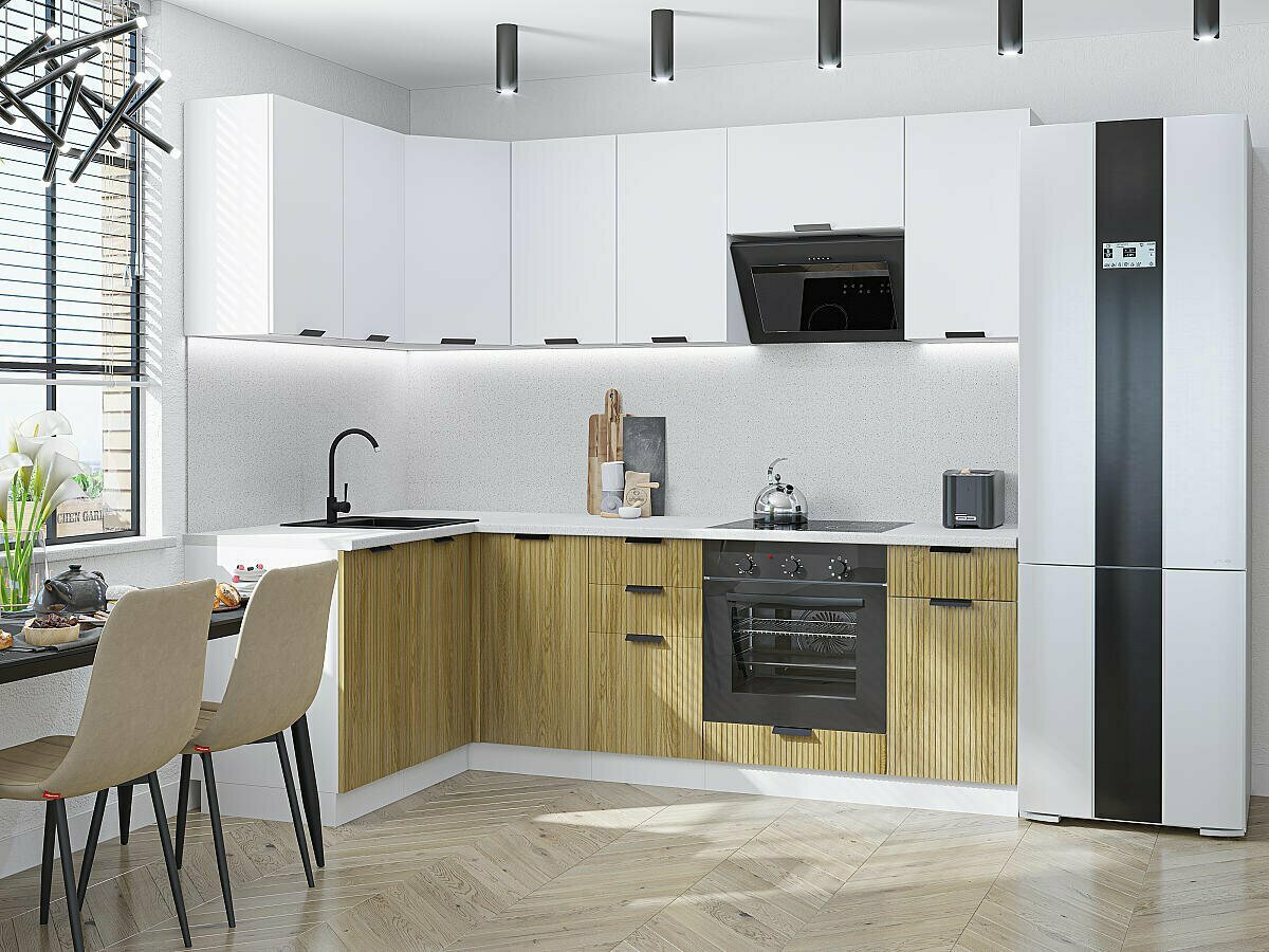 Кухня модульная угловая Евро Лайн-05-Готовый кухонный гарнитур 2140*1400-2290*600 Белый, Дуб песочный со столешницей