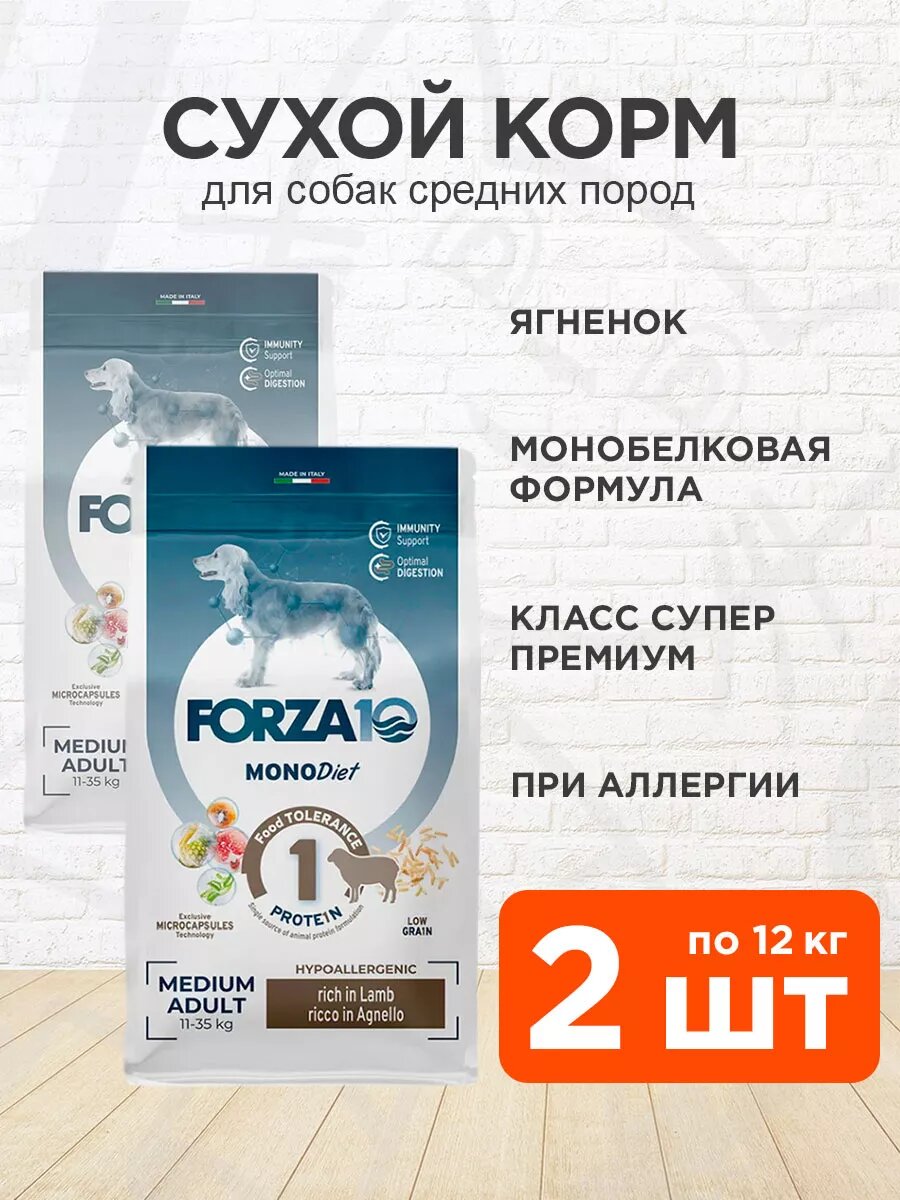 Корм сухой Forza10 Dog Medium Monodiet Low Grain для взрослых собак средних пород при аллергии с ягненком, 12 кг х 2 шт