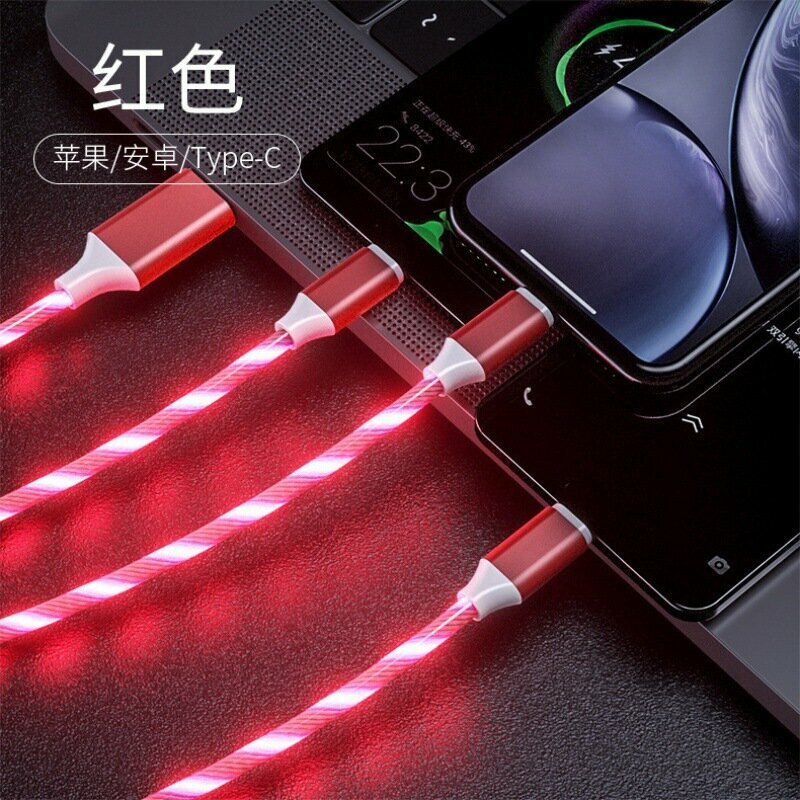 1.1м Трехвходовой USB-C кабель с LED-подсветкой для iPhone и Android, цвет: Красный