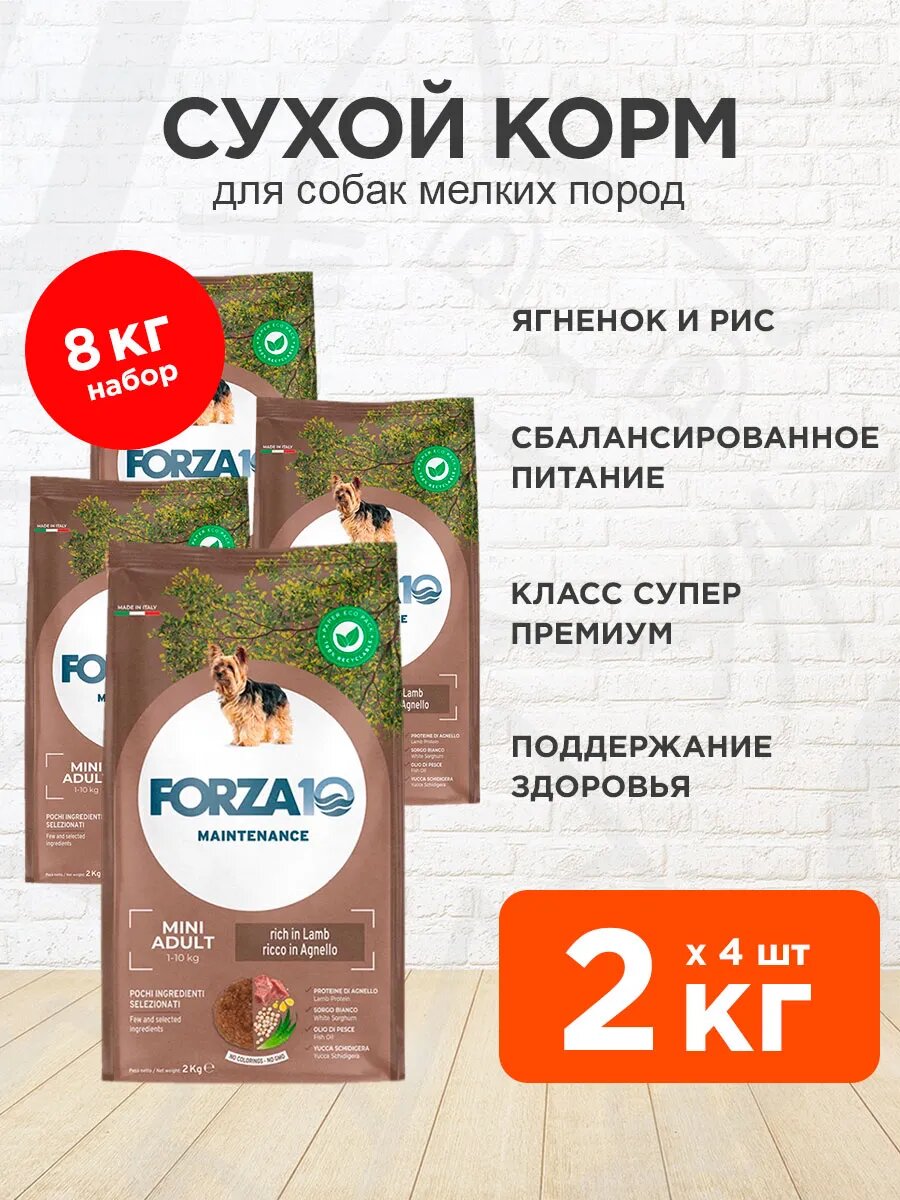 Корм сухой Forza10 Dog Maintenance Adult Mini для взрослых собак маленьких пород с ягненком и рисом, 2 кг х 4 шт