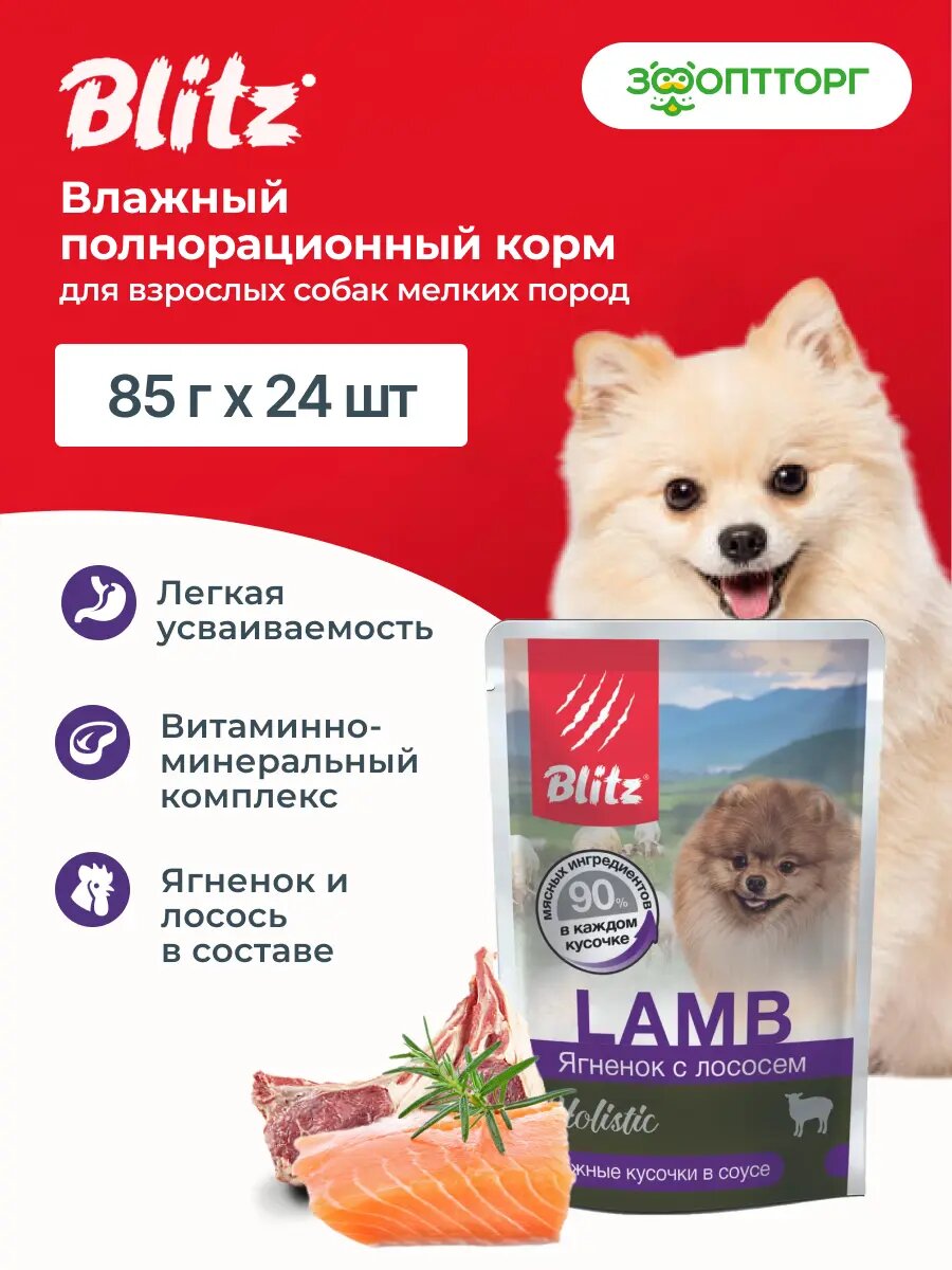 Влажный корм Blitz Holistic пауч для взрослых собак мелких пород (кусочки в соусе) Ягненок и лосось, 85 г х 24 шт.