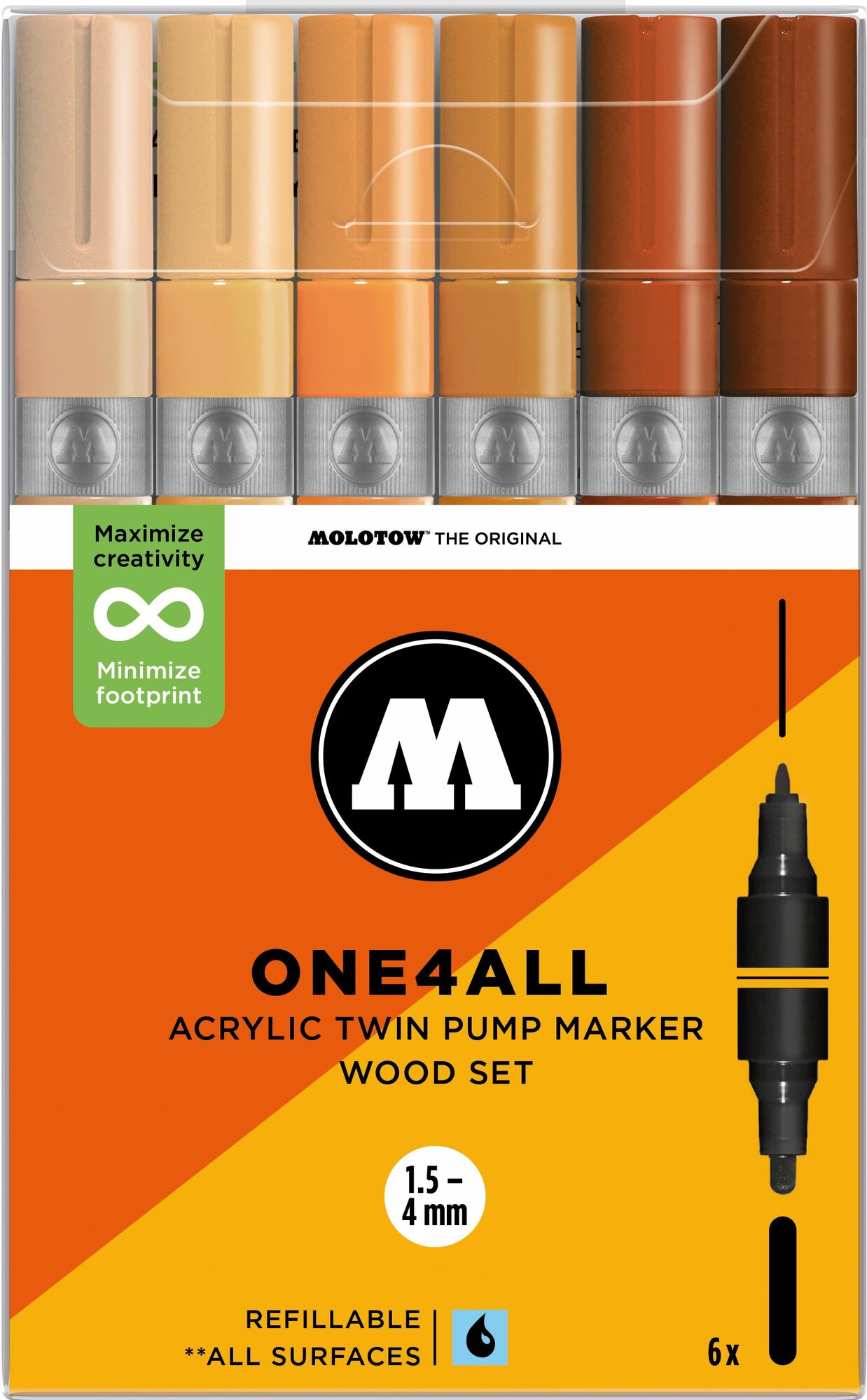 Набор двусторонних акриловых маркеров Molotow One4all Acrylic Twin Wood Set 6 штук 200857