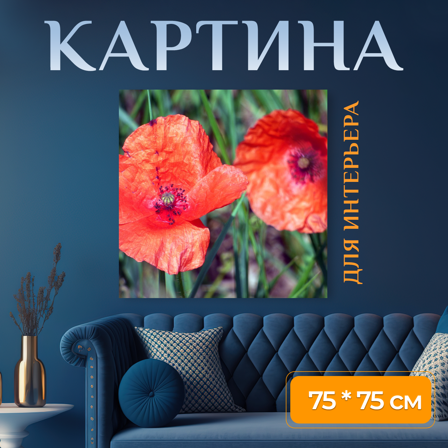 Картина на холсте "Маки, цветок, поля" на подрамнике 75х75 см. для интерьера
