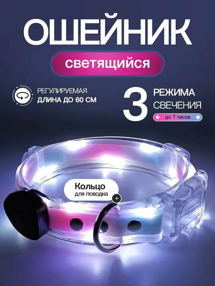 Светящийся ошейник для собак, отличный помощник в ночное время, длина 25-60 см.