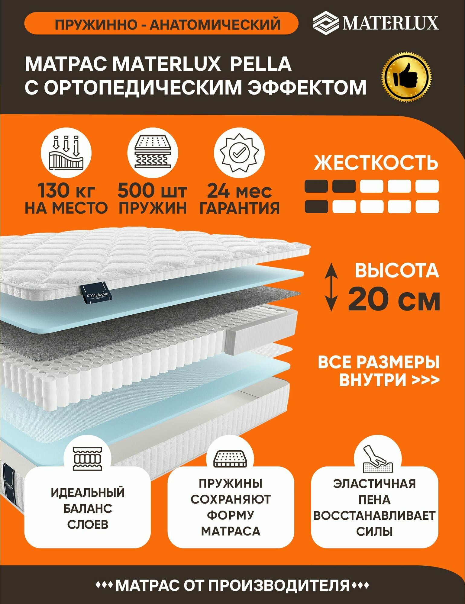 Матрас Materlux Pella 90х210 серии Lux высота 20 см анатомический средней жесткости мягкий Независимые пружины