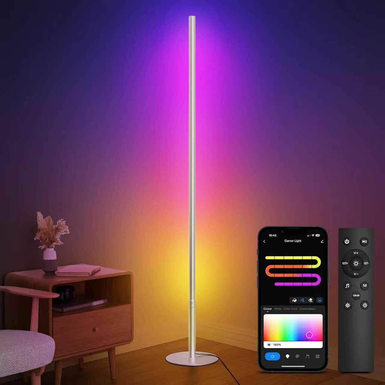 Угловой напольный RGB-торшер 150 см с пультом ДУ, 10000 режимов подсветки, диммирование