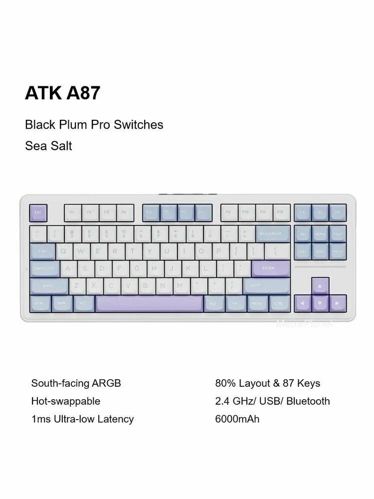ATK Клавиатура беспроводная A87, Sea Salt, Black Plum Pro Switches, Английская раскладка, голубой