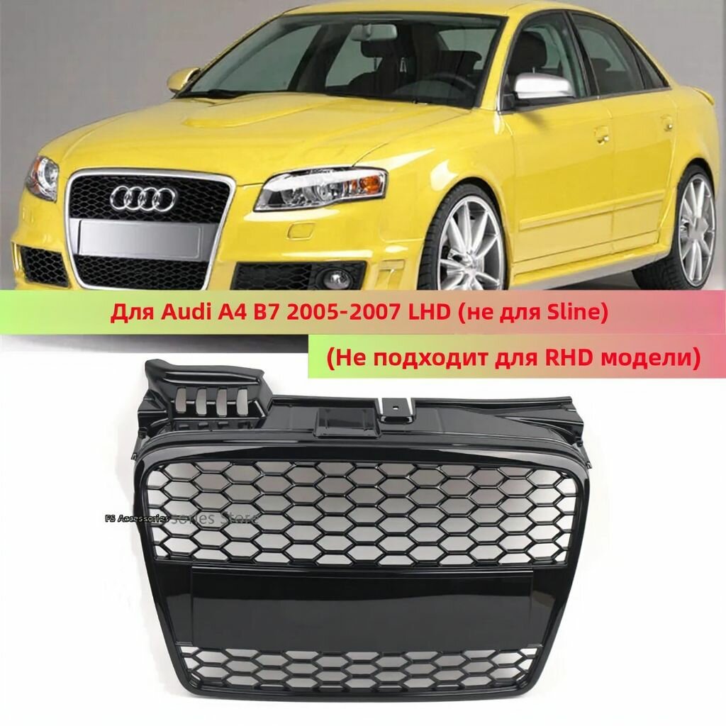 Центральная сотовая решетка радиатора Audi A4 B7 2005–2008 LHD, черный АБС, прямая замена, не для Sline/RHD