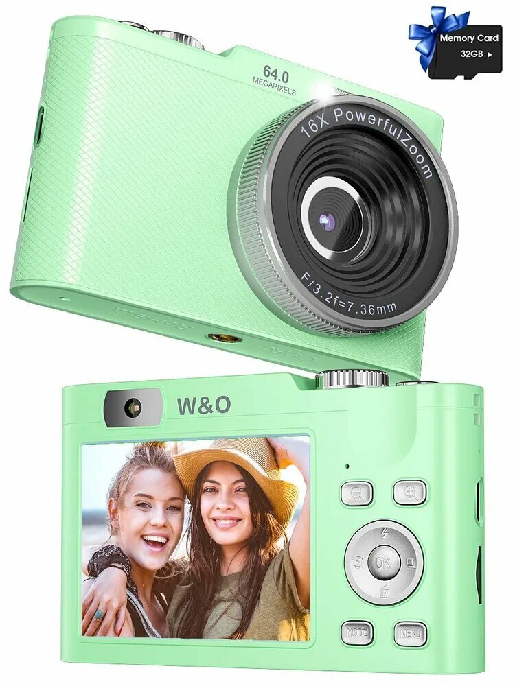 Детский фотоаппарат W&O, 1/3,2", 32 Гб, влагозащищенный, бирюзовый