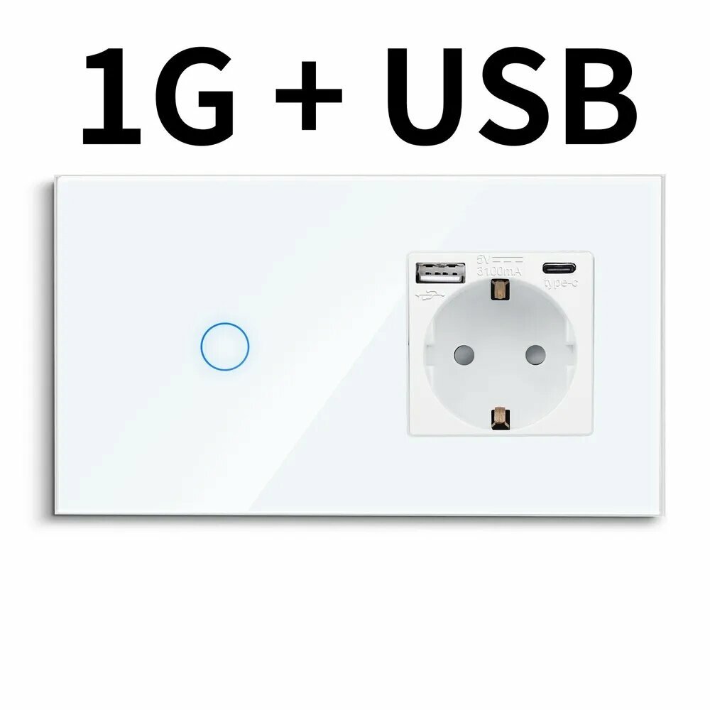 Сенсорный Выключатель однокнопочный с розетками с USB и type-C ,1 клавиша 1 розетки, панель стекло белое,157mm