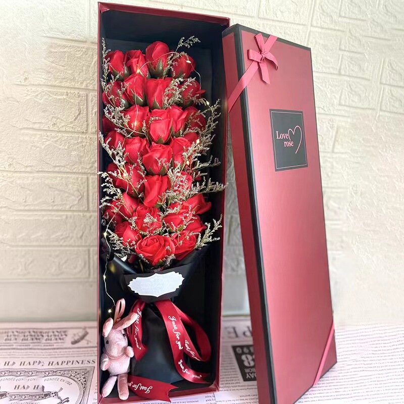 Упаковочная коробка Подарочная коробка среднего размера с розой Упаковочная коробка для букета ярких серебряных роз Крышка «Небо и земля» Коробка с бантом и цветами