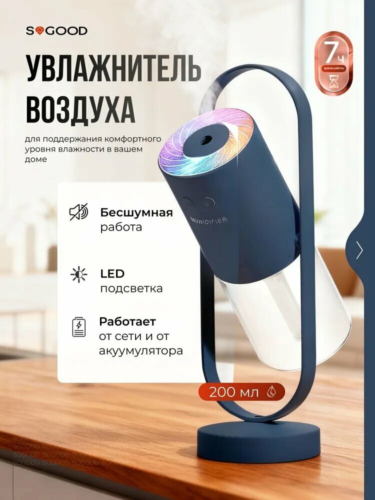Увлажнитель воздуха для дома настольный с подсветкой 200 мл, синий