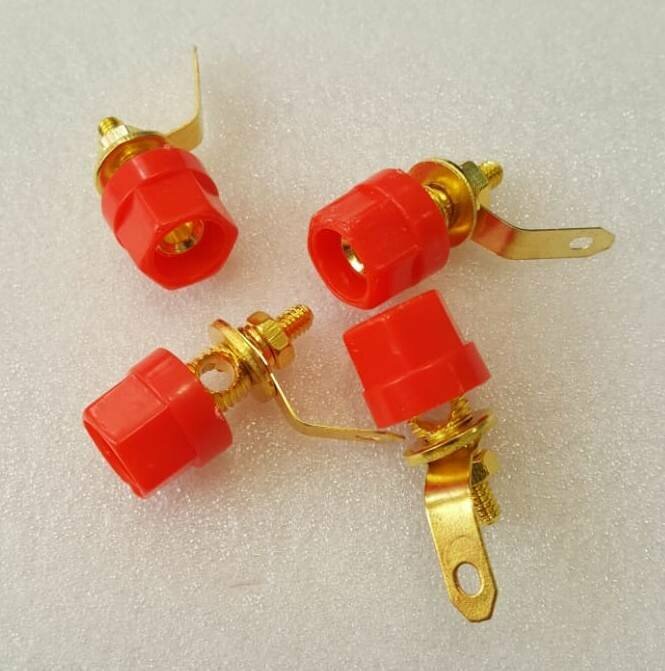 2 шт, Разъем BANANA, гнездо банан, на корпус, 1-663G. Красный, «позолоченный», диаметр 4 мм, длина 28 мм, кабель до 6,0 мм