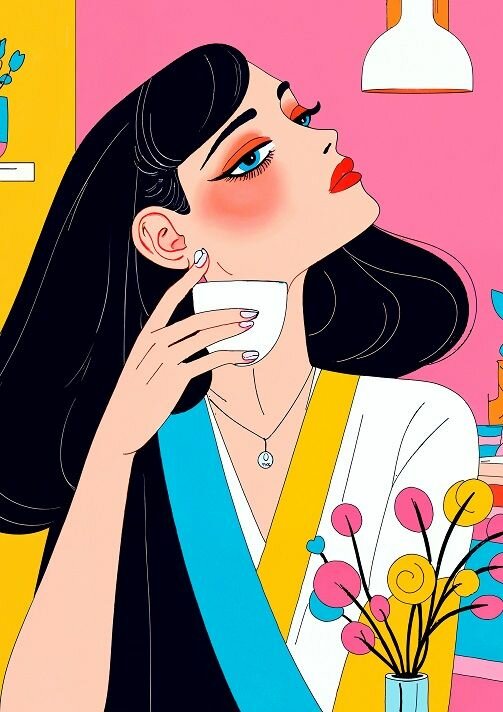 "Девушка с кофе и цветы" - художественный постер. 20*31 см. Интерьерный А4_021.