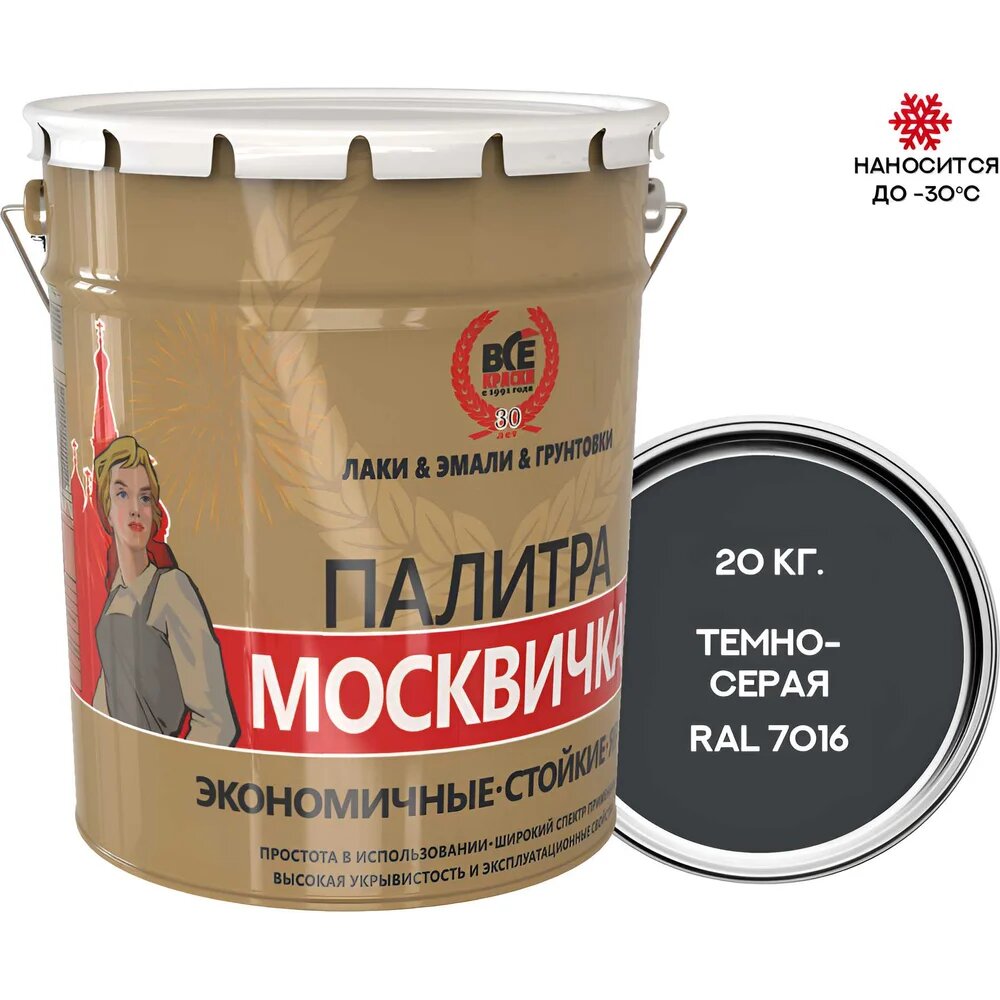 Грунт-эмаль 3 в 1 Москвичка мета-мб темно-серая RAL 7016 20кг. 4620105772075