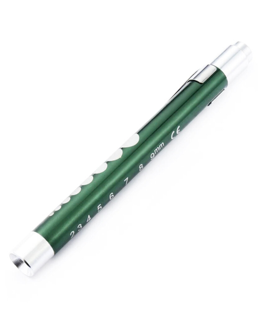 Медицинский фонарик в виде ручки, зелено-серебристый цвет