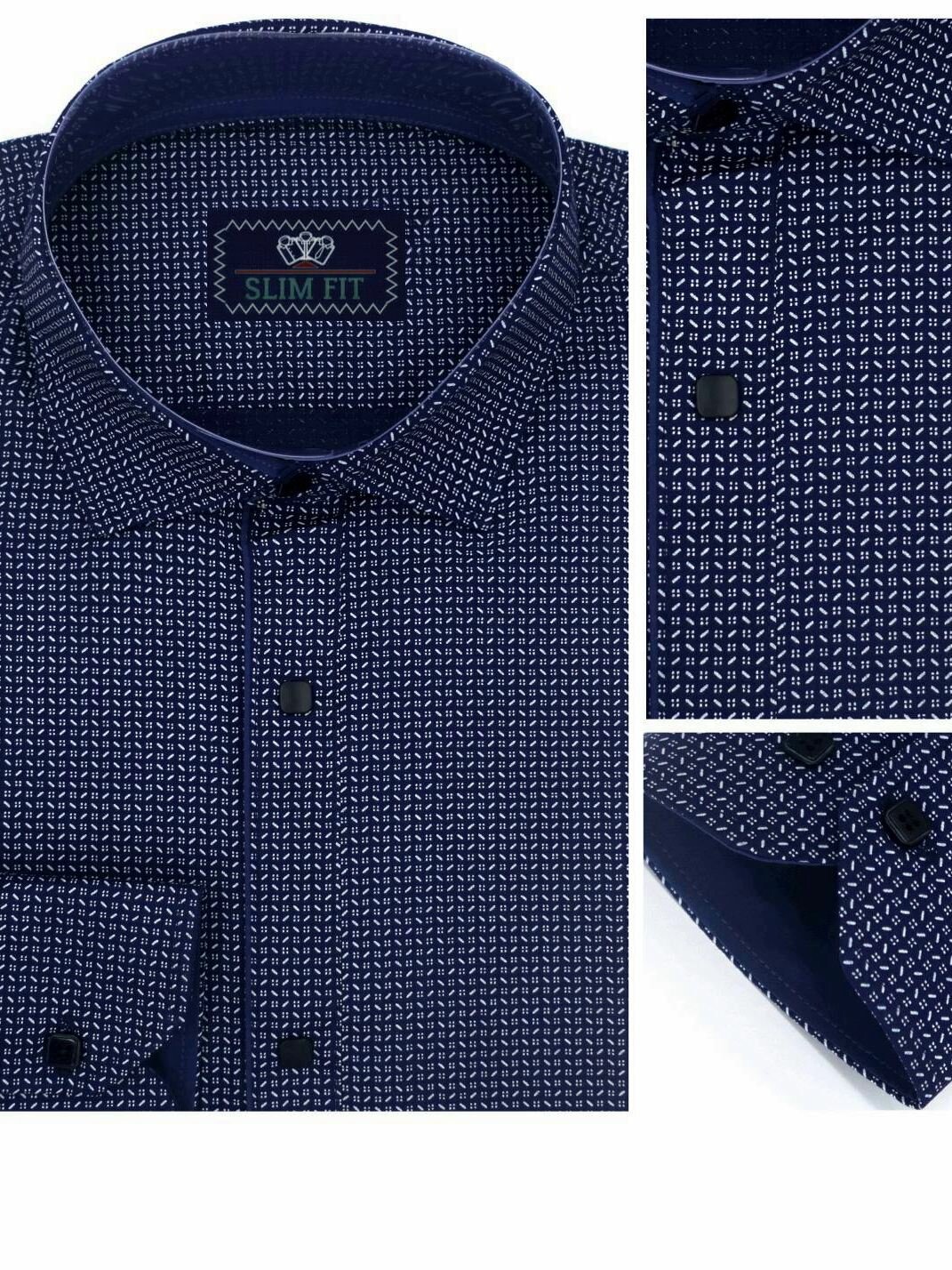 Рубашка Мужская рубашка с длинным рукавом приталенная, темная сорочка на кнопках, рубаха на любой сезон, синяя в мелкий рисунок, без карманов, с отделкой рубашка Slim fit с приталенным кроем зауженная