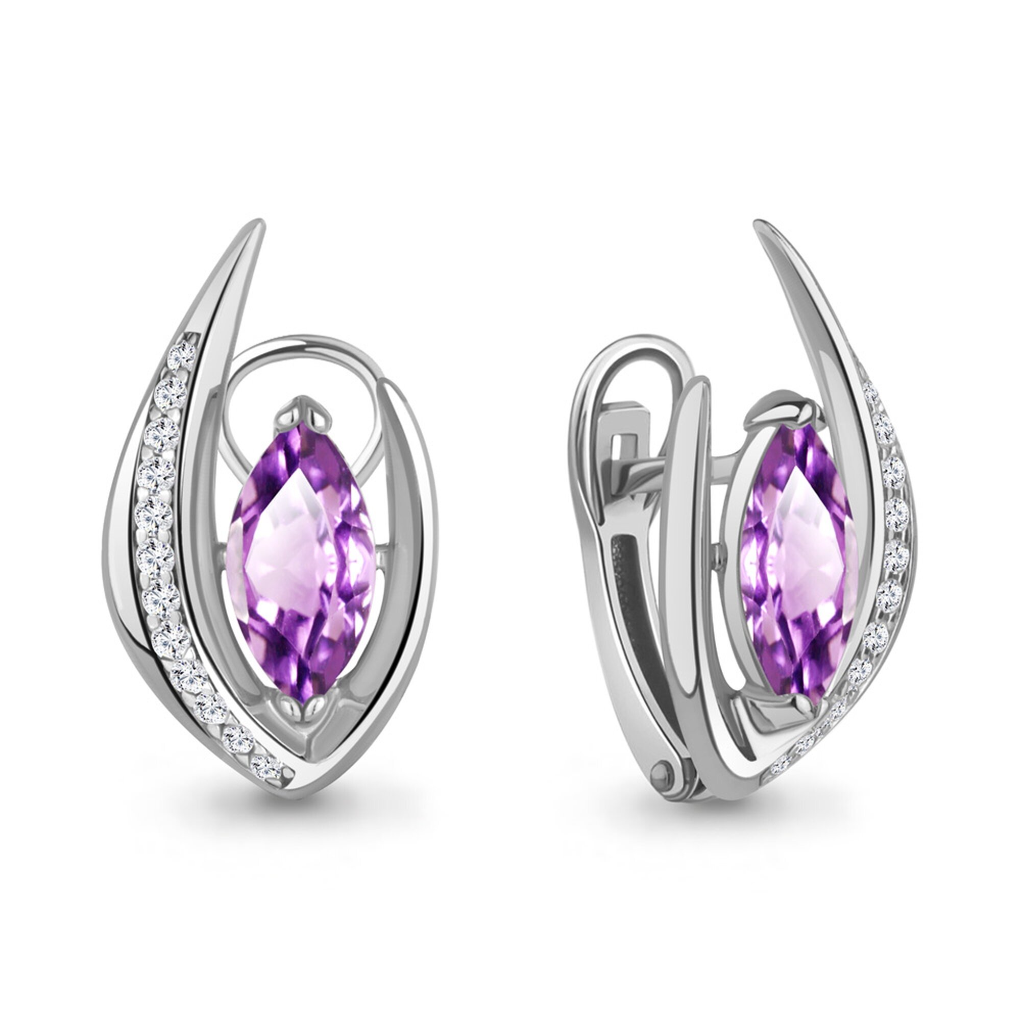 Серьги, серебро, 925 проба, родирование, фианит, аметист