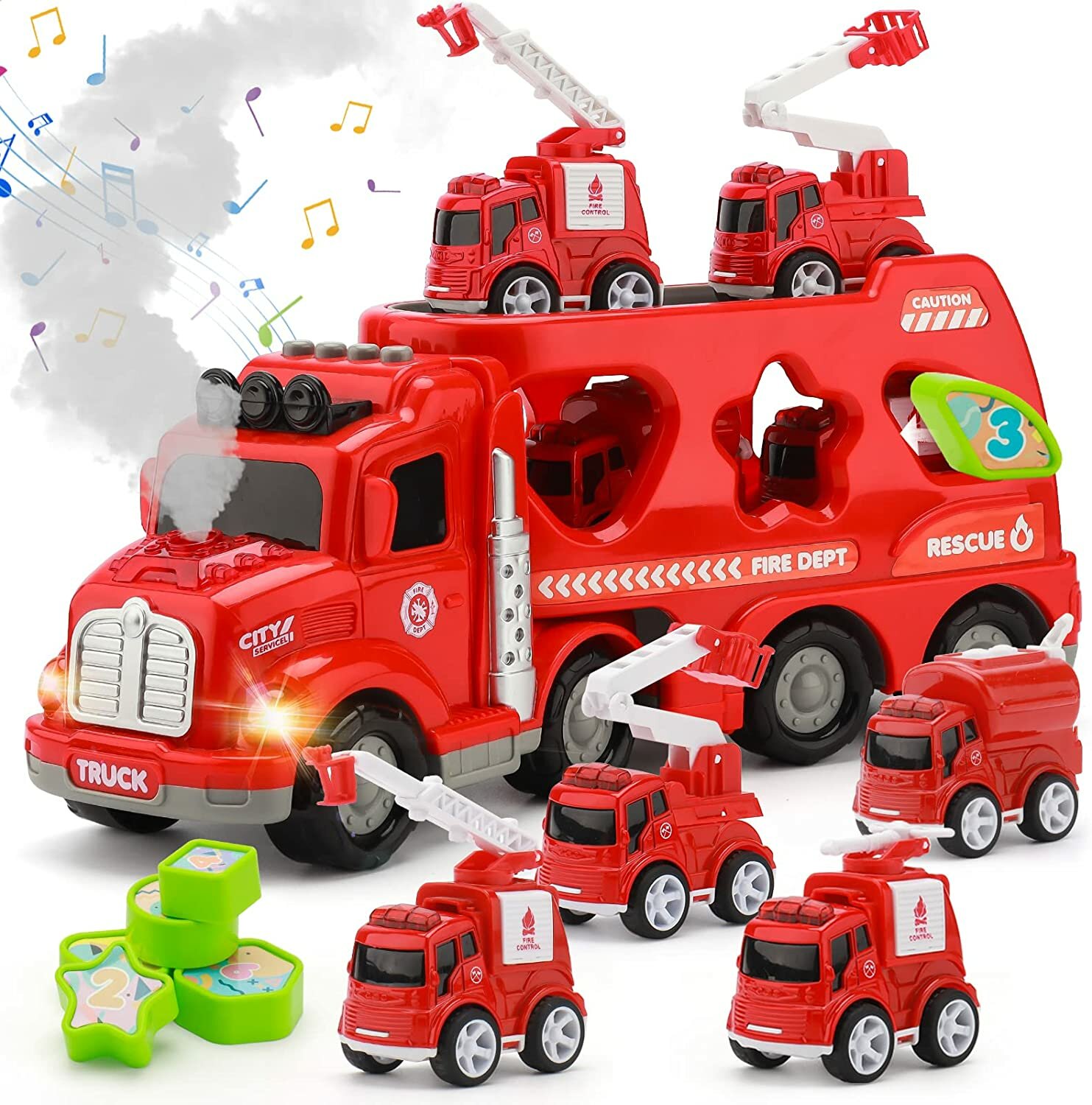 Игрушевые пожарные грузовики для мальчиков и девочек 2 3 4 5 лет, игрушки для маленьких мальчиков 11 в 1 из металла, игрушевые автомобили для детей 1-3 3-5 4-7 лет, подарки на Рождество и День рождения, цвет как на картинке, с музыкой, упаковка в окошек,