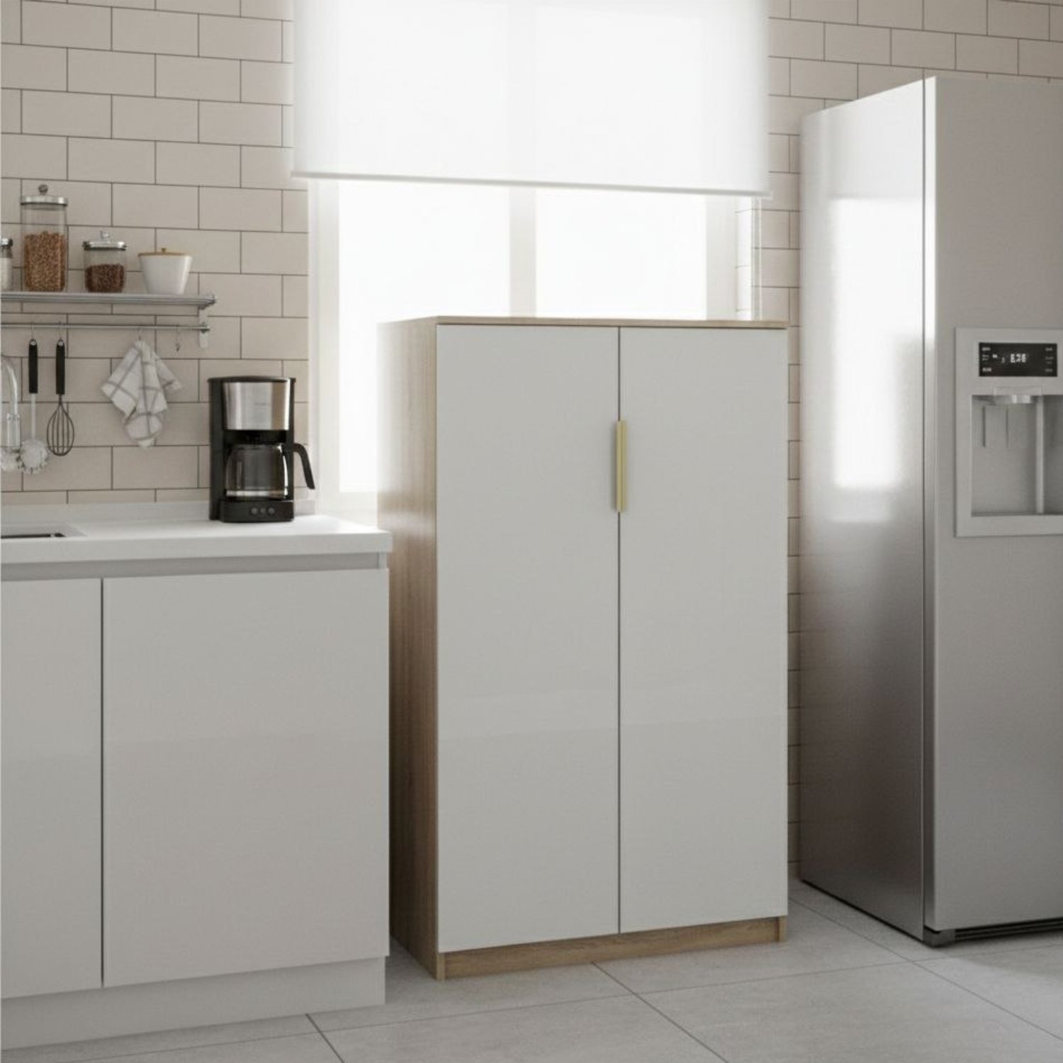Шкаф 2х-ств. с полками и штангой Римини 80х57,4хН140 см, Белый мат/Дуб сонома, петли с доводчиками