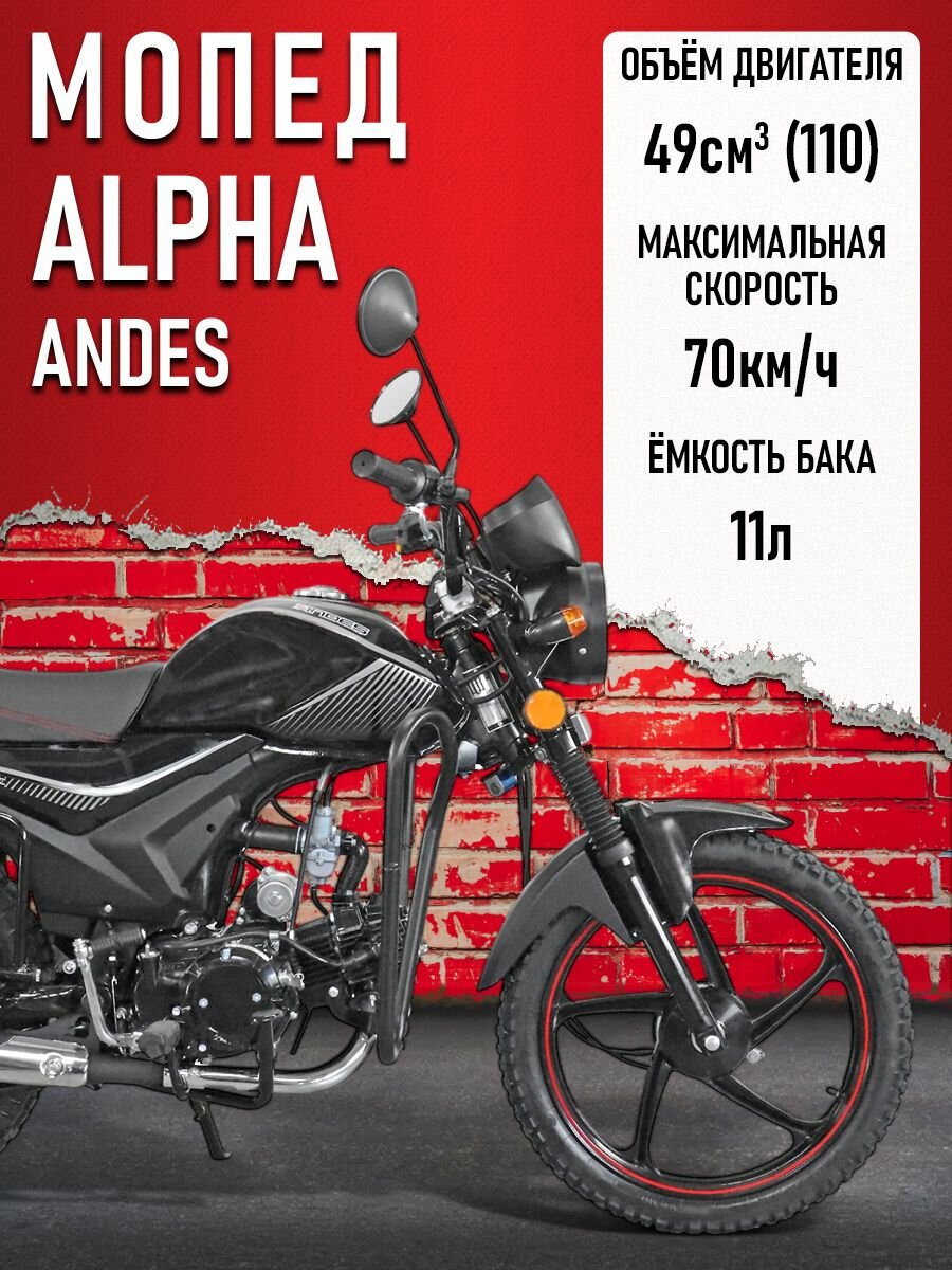 Мопед Alpha ANDES (Тюнинг) (защита ног, подставка для ног, багажник, литые диски)черный матовый