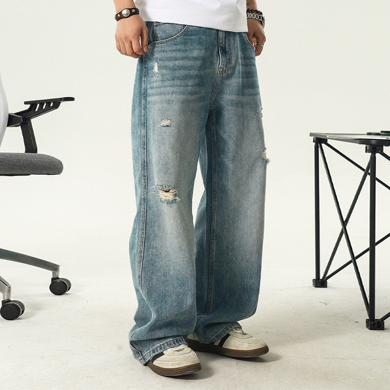 Тренд RONG CH Мужские Джинсы Американские Весна Потертые Свободные Стрейт Высокий Улица Деним, Размер_2XL