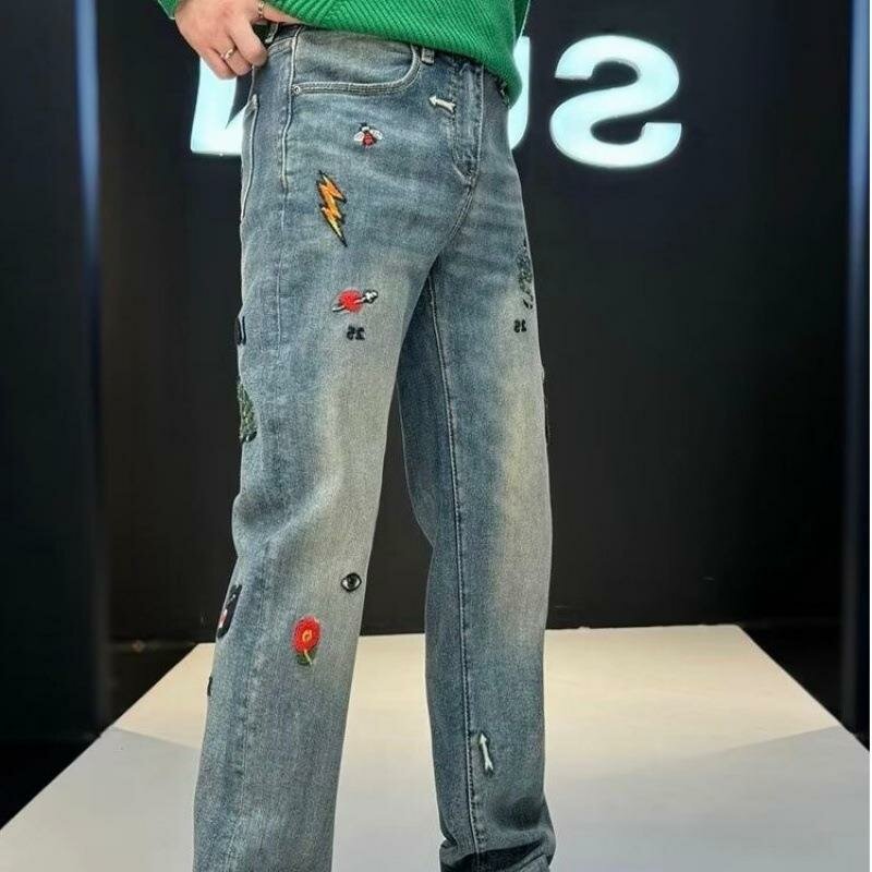 MON Мужские Джинсы Улица ВышивкаЧистый цвет прямой Стрейт Деним, Размер_34