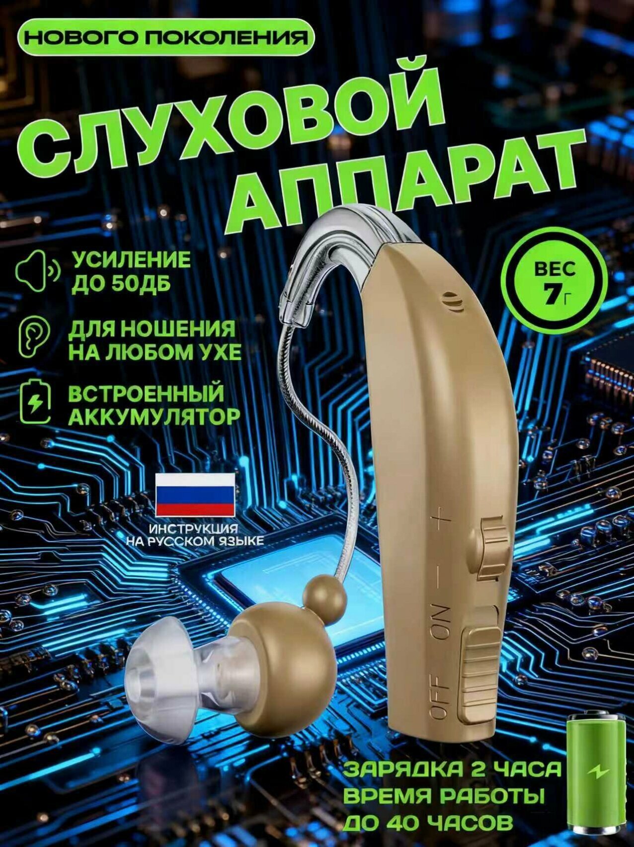 Накладной слуховой прибор с зарядным устройством для пожилых и взрослых