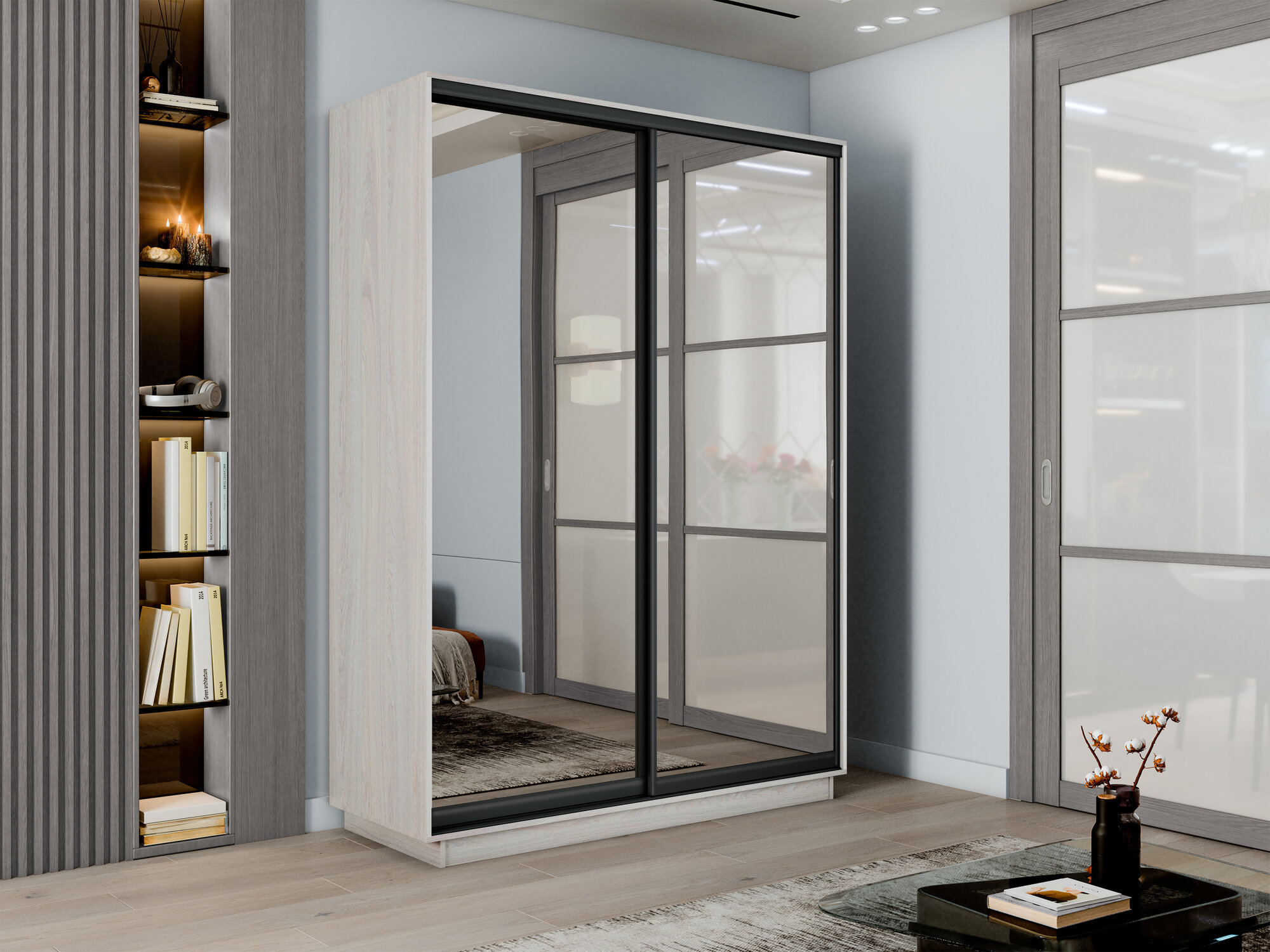 Шкаф купе Вилли Лайт 2-х дверный ЛДСП, зеркальные двери, профиль черный 120 см х 220 см х 60 см (Ясень анкор-светлый)