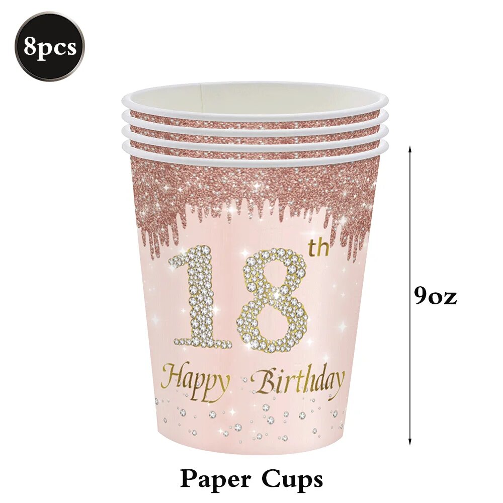 Украшения на 18-й день рождения для девочек, розовое золото, тарелки с днем рождения, салфетки, чашки, скатерть, идеальная вечеринка для девочек 18 лет