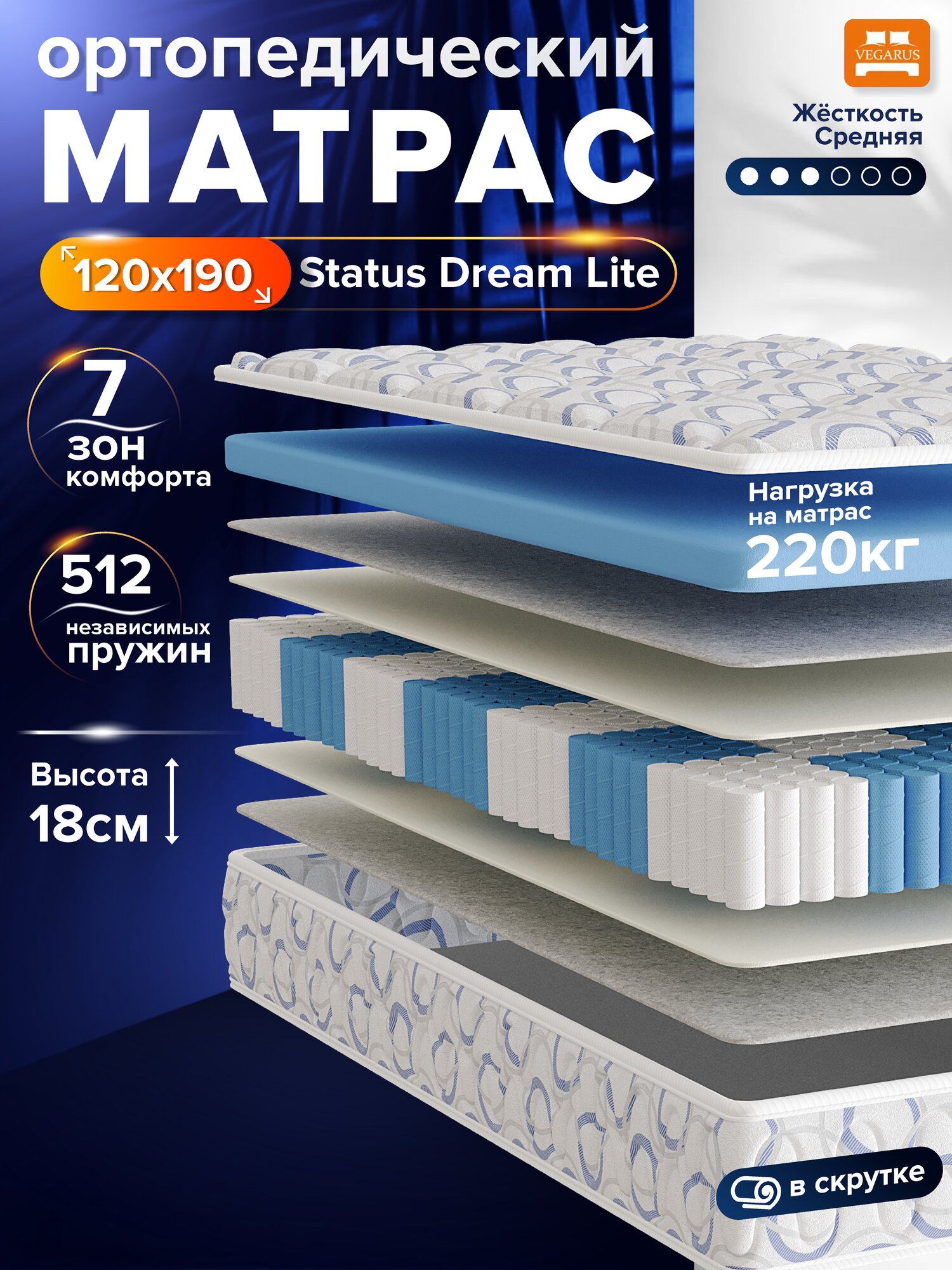 Матрас Status Dream LITE, независимые пружины, 120x190х18 см