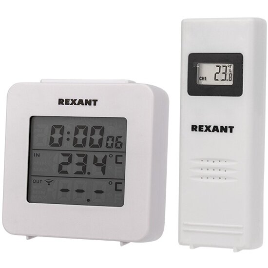 Термометр электронный Rexant с часами и беспроводным выносным датчиком(70-0592)