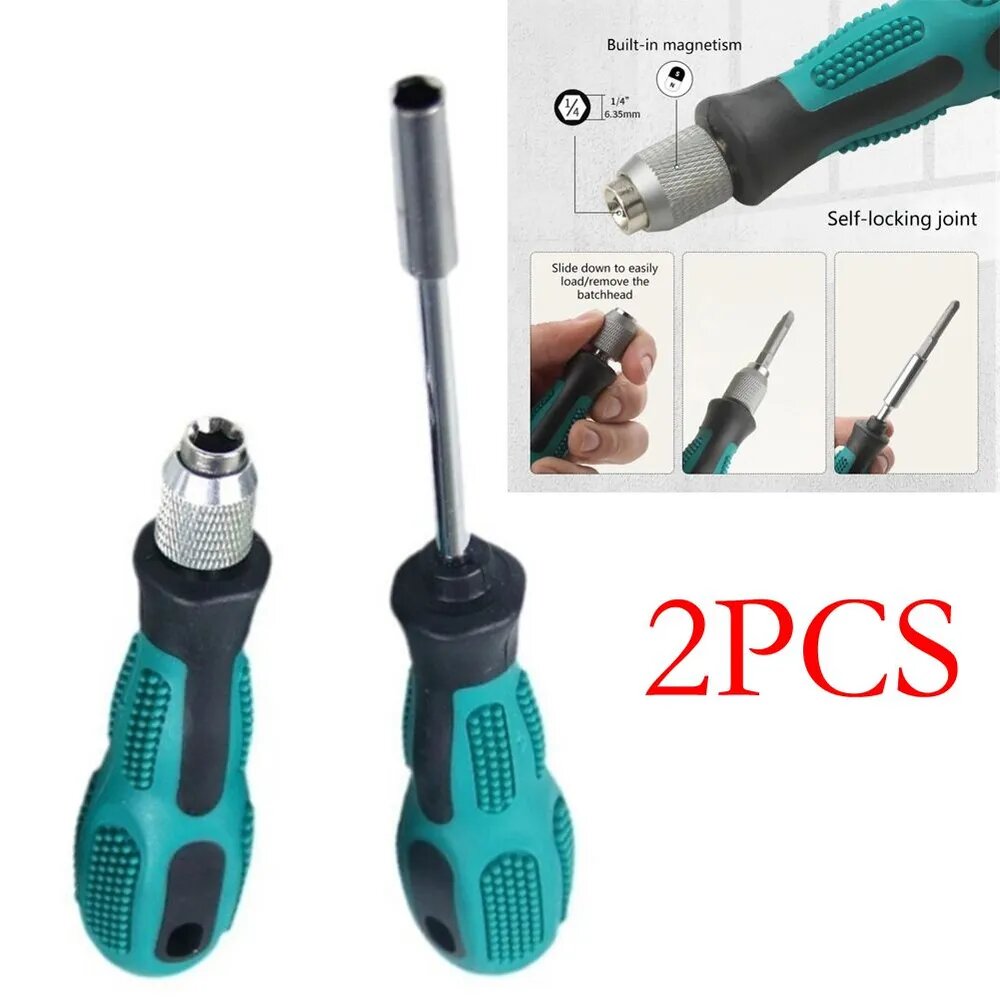 Ручка для бит 6.35, отвертка 1/4 дюйма, черно-зеленая ручка для бит, набор из 2 предметов (длинная + самоблокирующаяся)