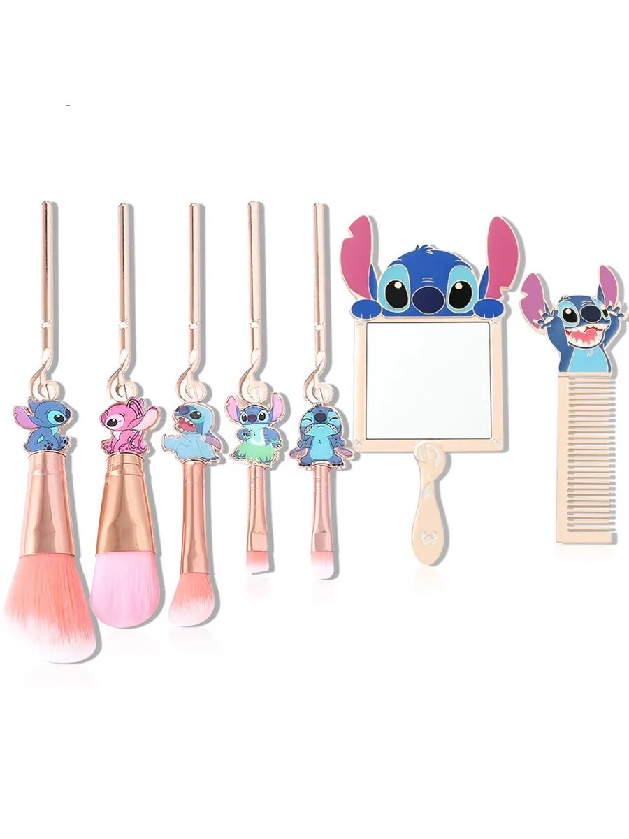 Подарочный набор кистей для макияжа Stitch (7 предметов) с зеркалом и расческой, подарок на выпускной