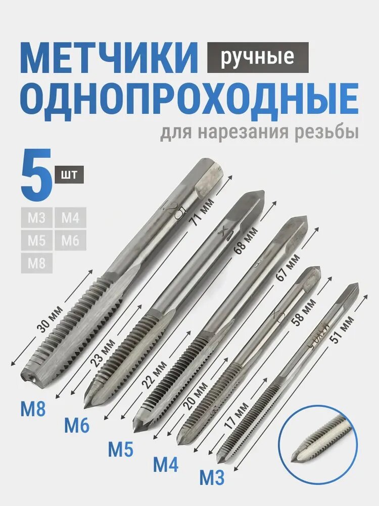 Метчик однопроходной, ручной / набор для нарезания резьбы, 5 штук