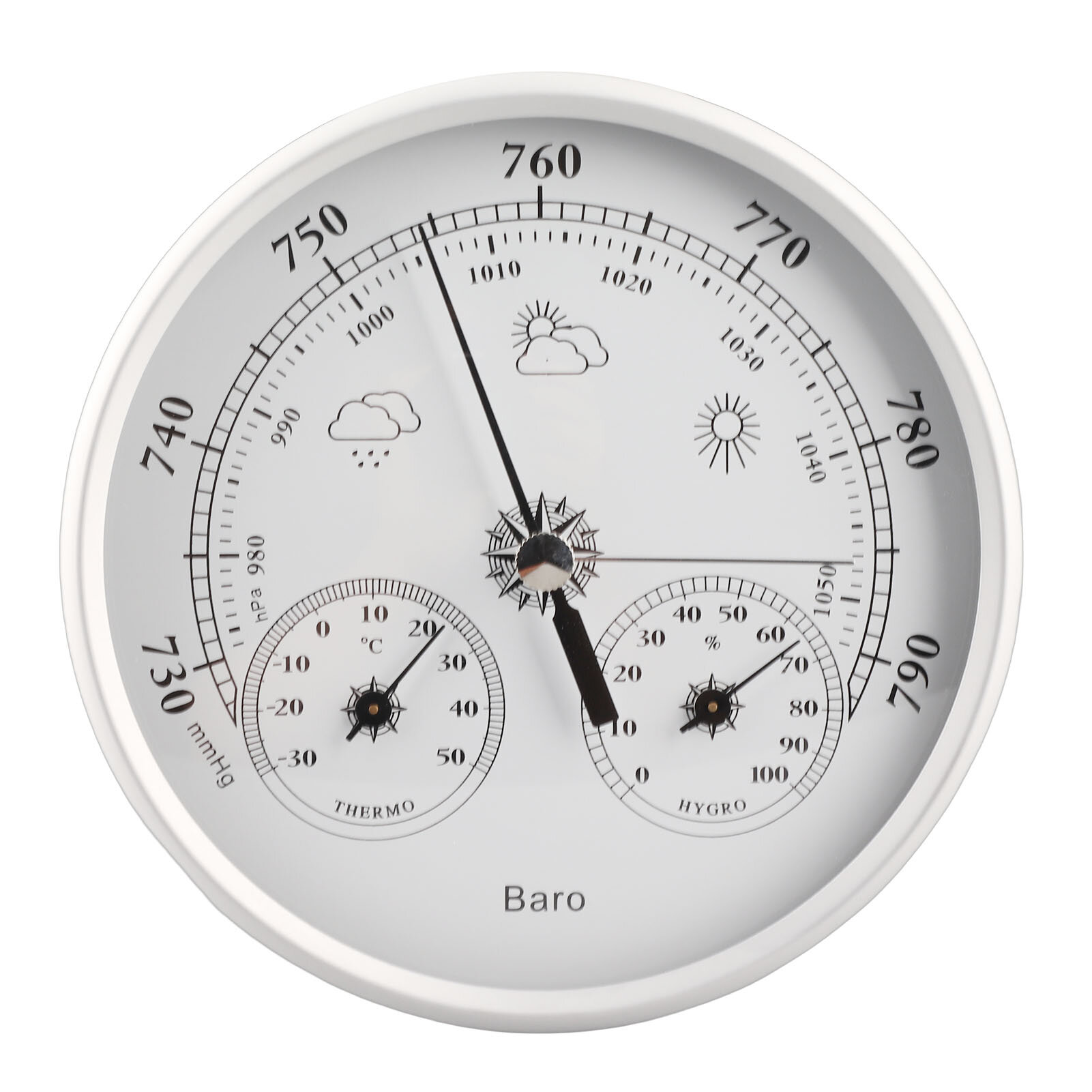 Термометр, барометр, гигрометр 3 в 1, всесезонный, настенный, для использования внутри и снаружи помещений, точный метеорологический прибор, серебристо-белый, 130 мм.