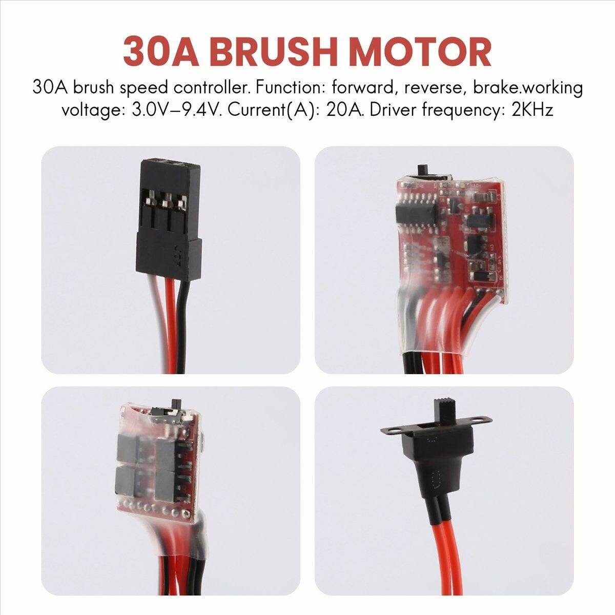 Электронный регулятор скорости RC ESC 30A 4-8V для коллекторных двигателей масштабов 1/16 и 1/18, предназначенный для радиоуправляемых автомобилей, транспортных средств и судов (красный).